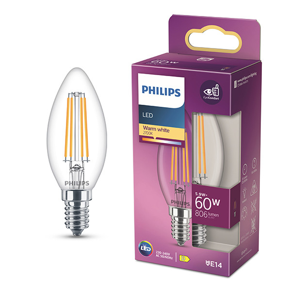 Philips LED lamp E14 | Kaars B35 | Filament | Helder | 2700K | 5.9W (60W) Philips 123led.nl